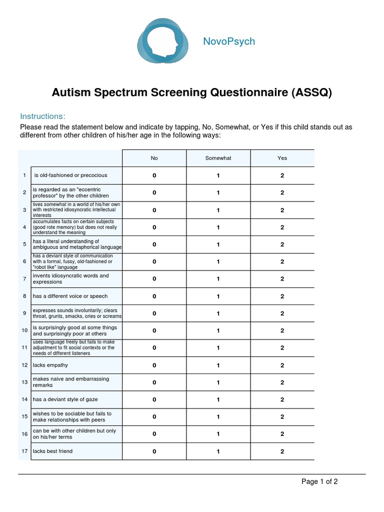 Autism Spectrum Screening Questionnaire Assq | PDF | Asperger Syndrome ...
