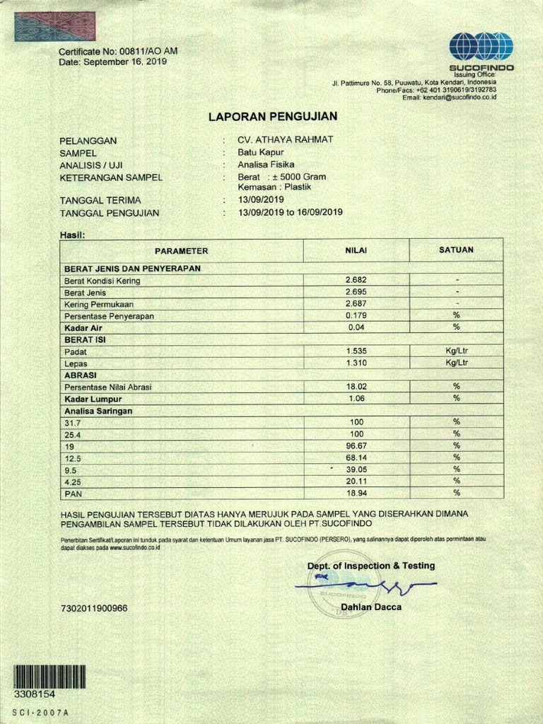 Hasil Lab Kualitas Batu | PDF