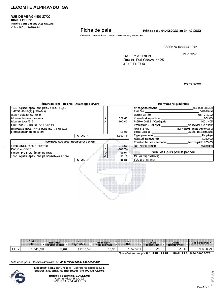 Fiche de Salaire Adrien Bailly (5:12-31:12) PDF | PDF | Business | Emploi