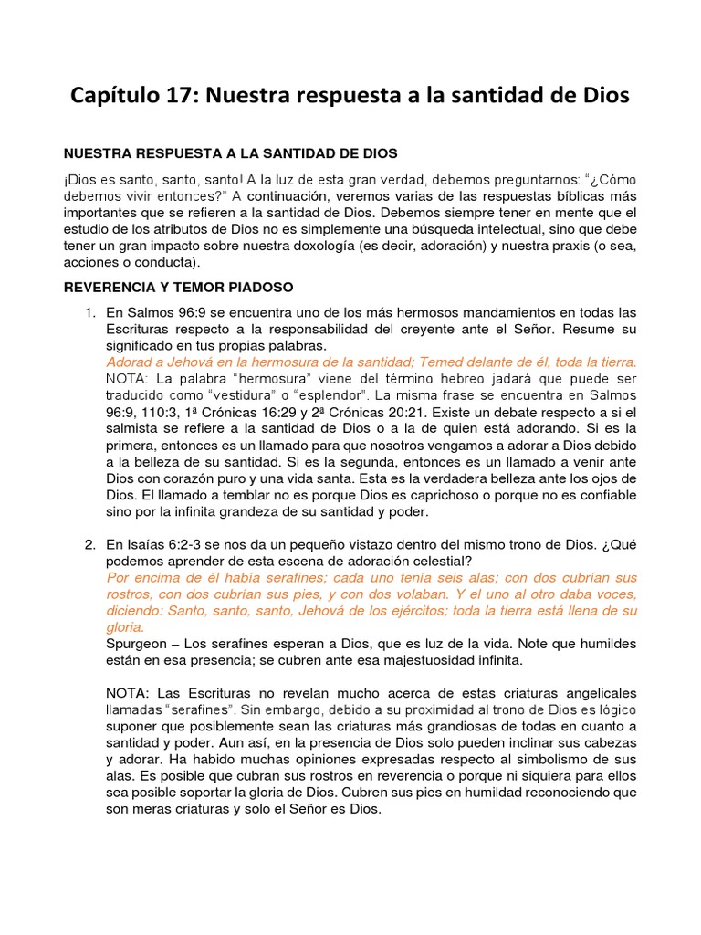 Capítulo 17 - Nuestra Respuesta A La Santidad de Dios - Temor Reverente ...