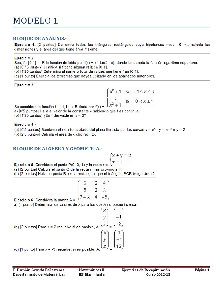 Ejercicios Recapitulacion MatII Selectividad | PDF