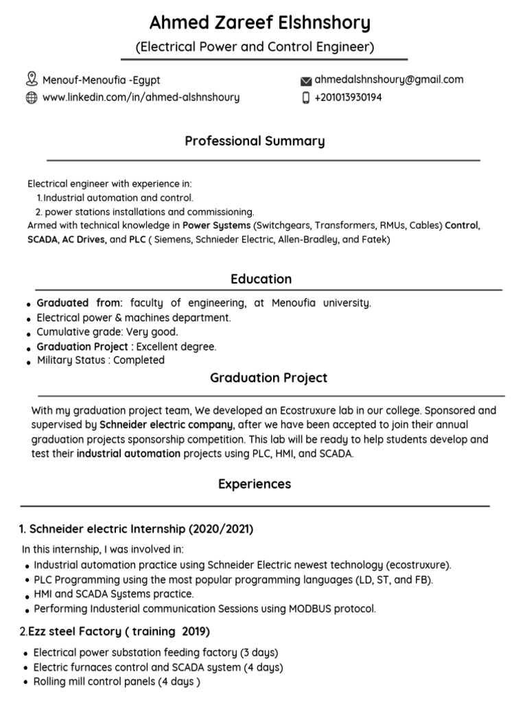 Ahmed Zareef Elshnshory: Resume for an Electrical Power and Control Engineer | PDF ...