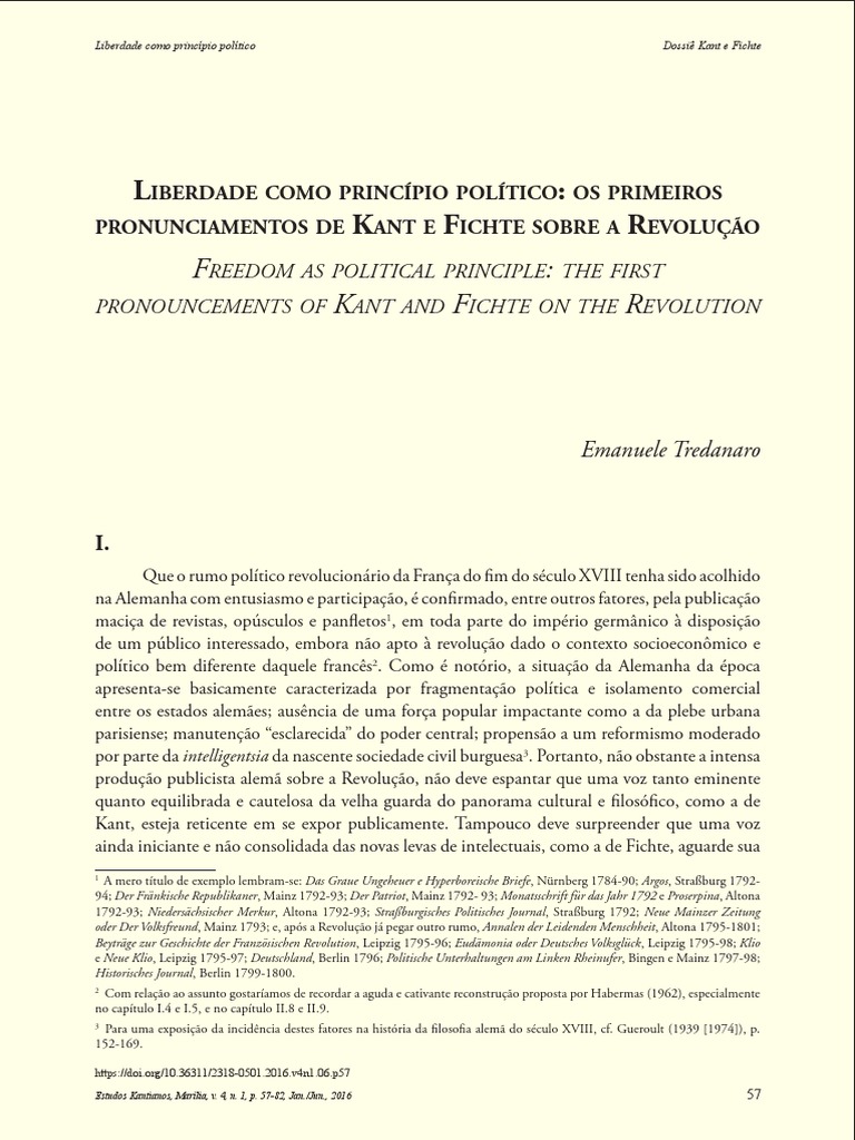 Liberdade Como Princípio Político: Os Primeiros Pronunciamentos de Kant e Fichte Sobre A ...