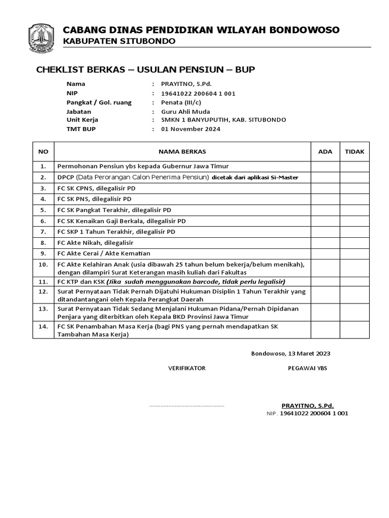 Cheklist Berkas - Usulan Pensiun - 2024 | PDF