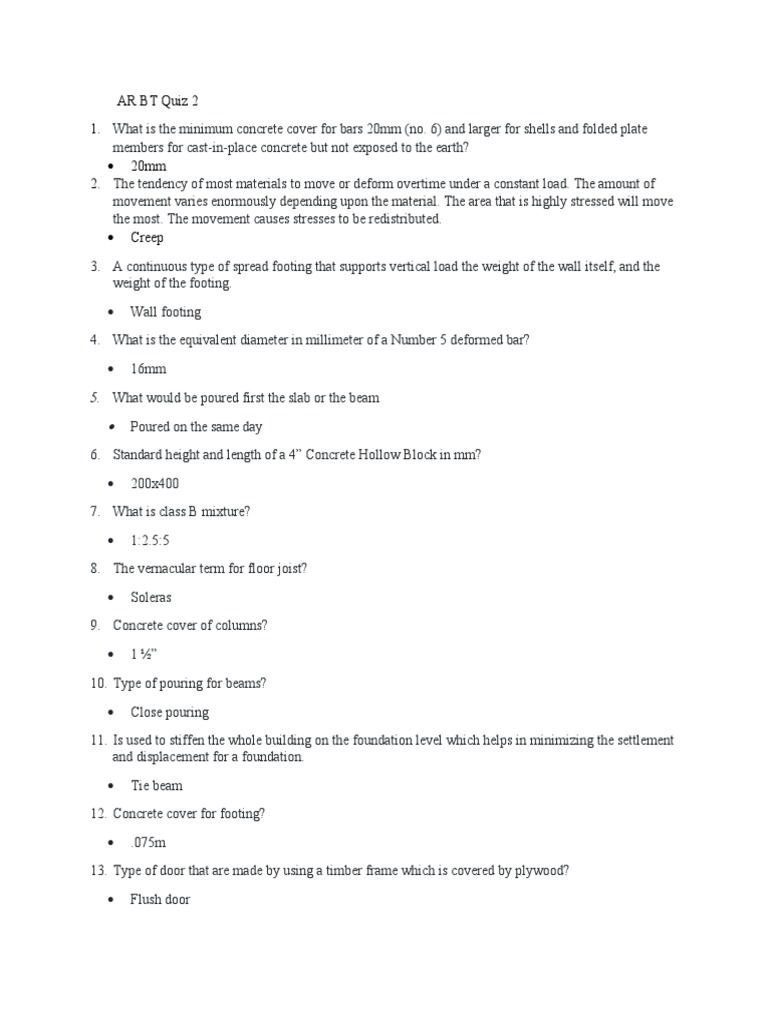 AR BT Quiz 2 | PDF | Beam (Structure) | Concrete