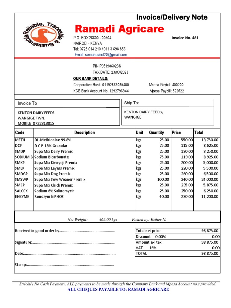 Invoice for Kenton Dairy Feeds | PDF | Payments | Services (Economics)