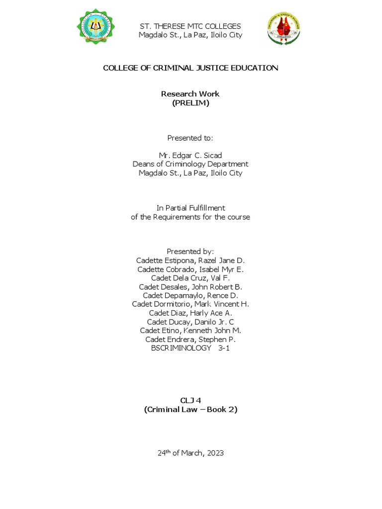 Estipona - CLJ 4 Research Work - Group 2 Prelim PDF | PDF | Detention (Imprisonment) | Ethical ...