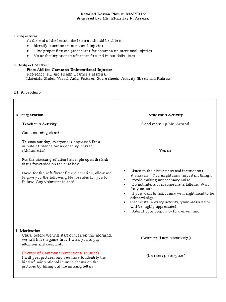 Detailed Lesson Plan For MAPEH 9 | Download Free PDF | First Aid | Learning