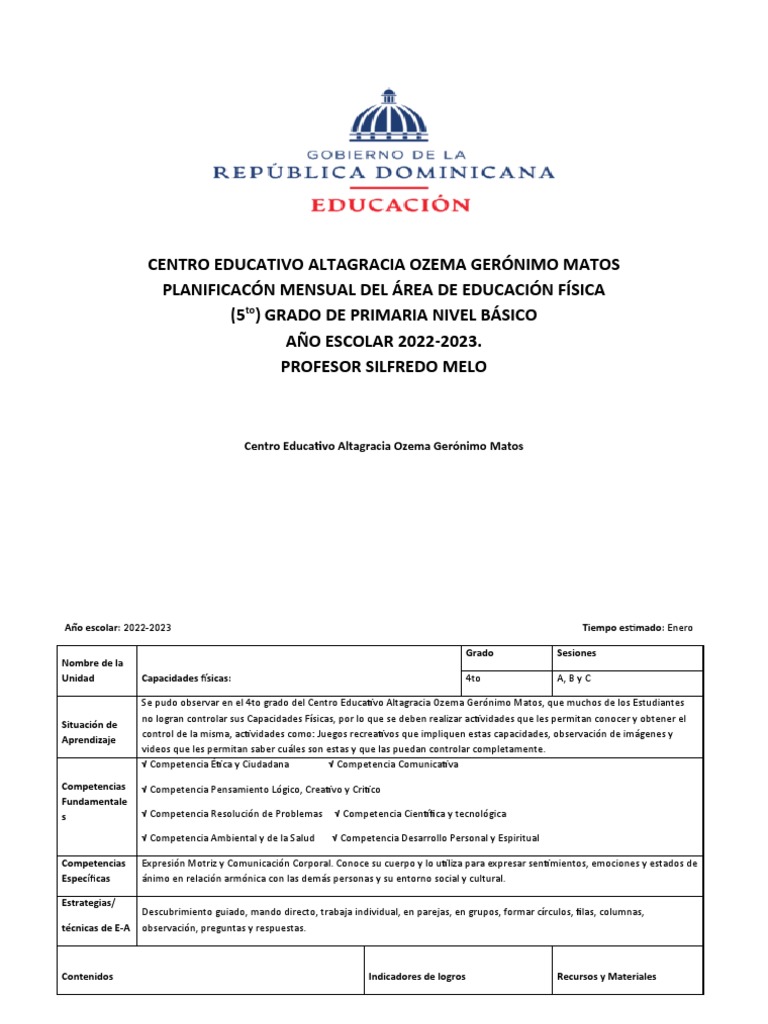 Planificación Mensual Enero y Febrero-1-1 | PDF | Las emociones | Gimnasia