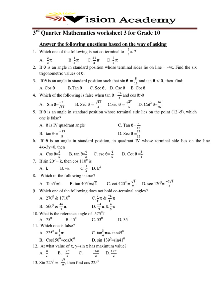 3rd Quarter Math Worksheet 3 For Grade 10 PDF | PDF | Trigonometric ...