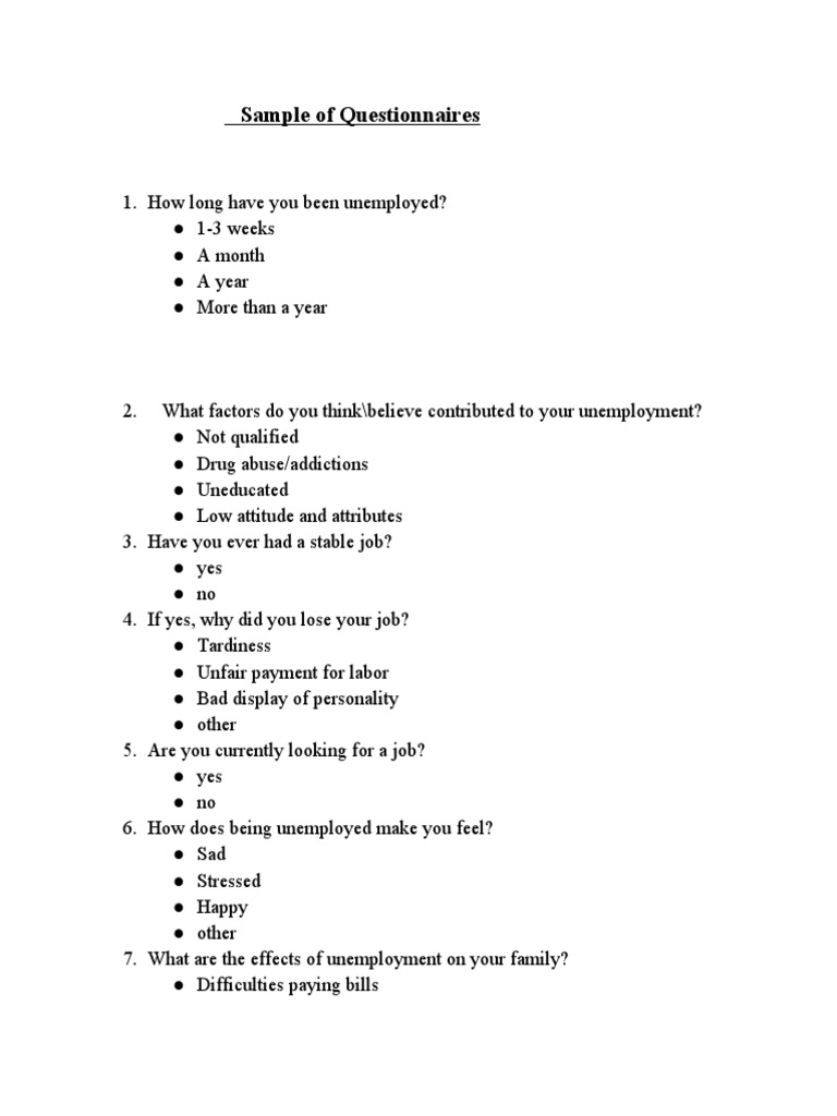 Sample of Questionnaires | PDF | Unemployment | Economies