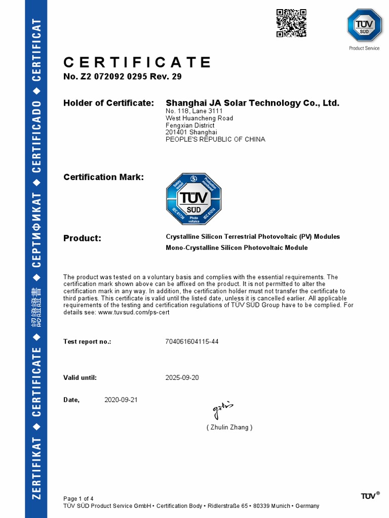 Certificate: No. Z2 072092 0295 Rev. 29 Holder of Certificate: Shanghai ...
