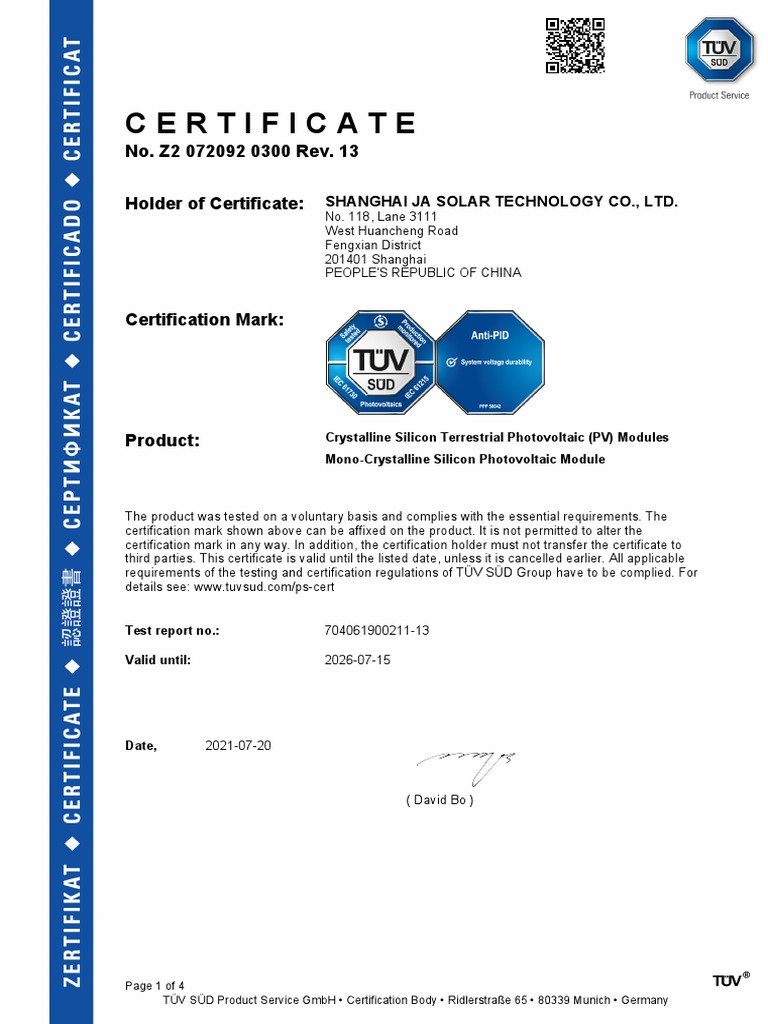 Certificate documenting testing and certification of various mono ...