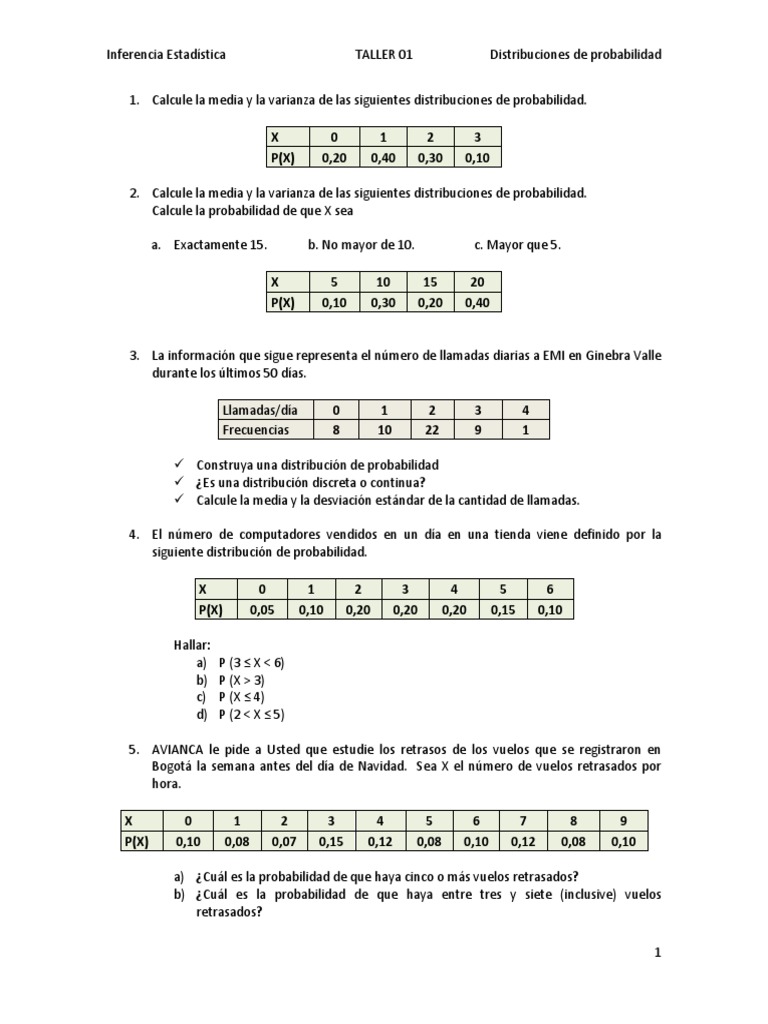 01 TALLER 01 DISTRIBUCIONES DE PROBABILIDAD | PDF | Variable aleatoria | Probabilidad