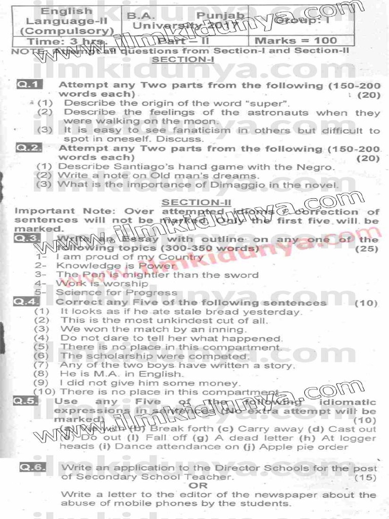 Past Papers 2017 Punjab University B.A Part 2 English Language II ...