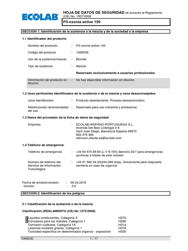 Hoja de Seguridad P3-Oxonia Active 150 | PDF | Agua | Residuos