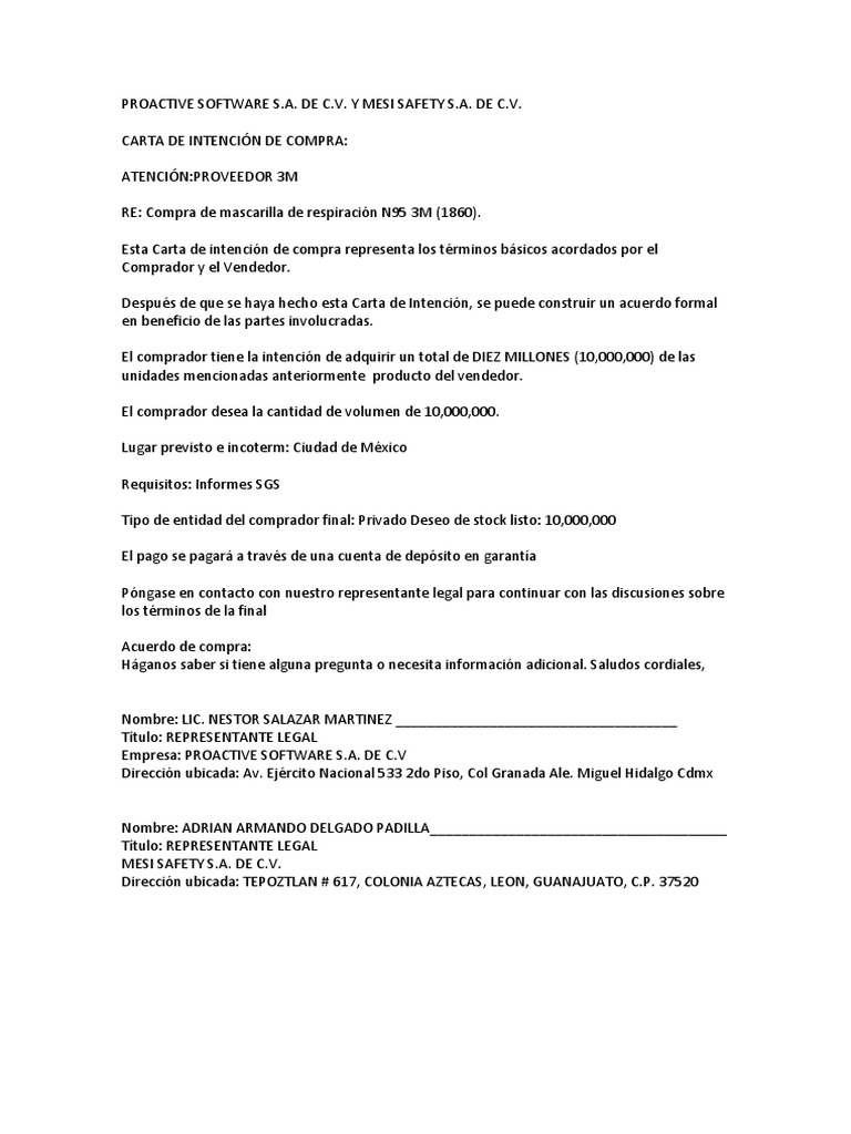 CARTA DE INTENCION DE COMPRA Espanol PDF | PDF