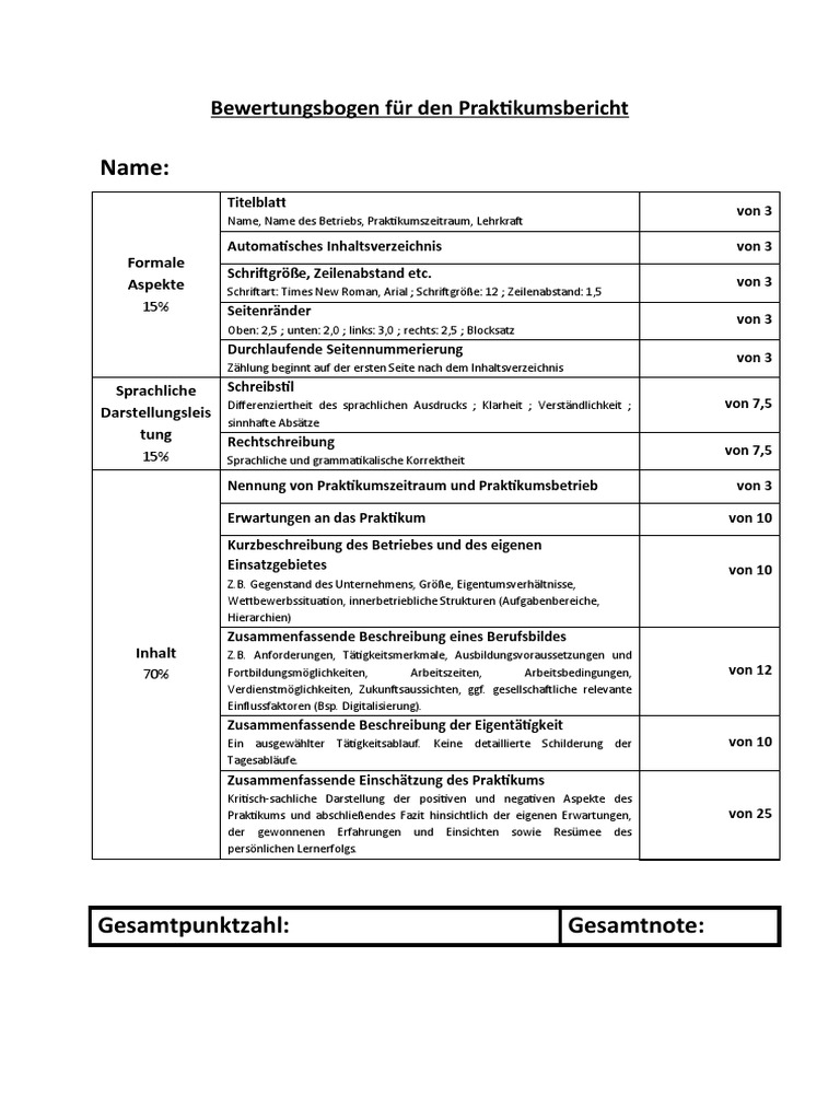 Bewertungsbogen Für Den Praktikumsbericht | PDF