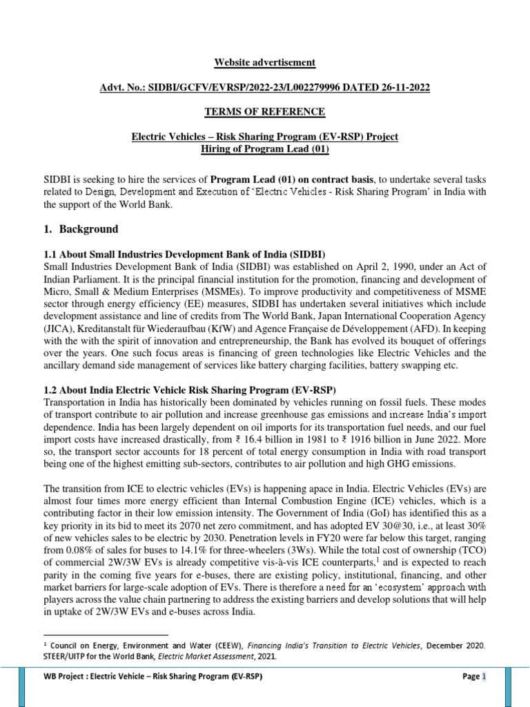Final - EV - RSP - Advt For Hiring of Hiring of Program Lead PDF | PDF | Electric Vehicle | Loans