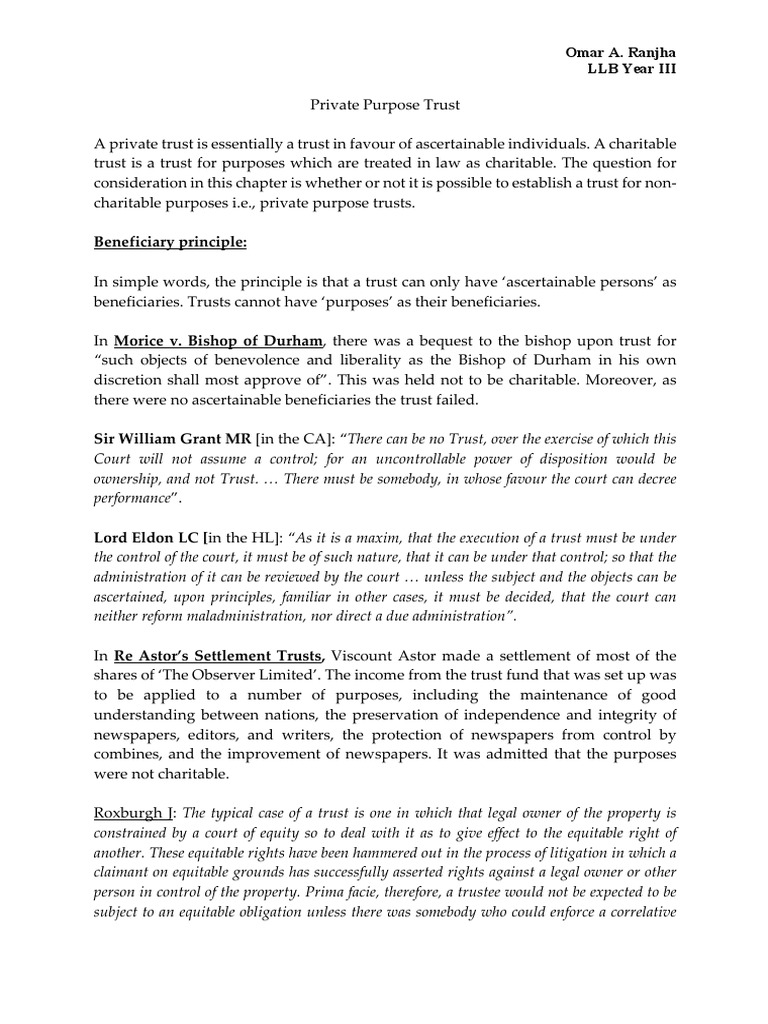 Private Purpose Trust (Notes) - Omar A. Ranjha PDF | PDF | Trust Law ...