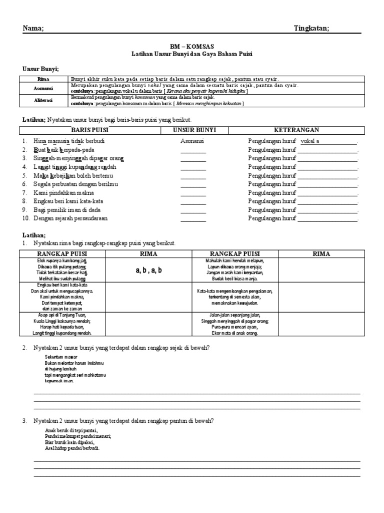 BM - Latihan Komsas (Unsur Bunyi) | PDF