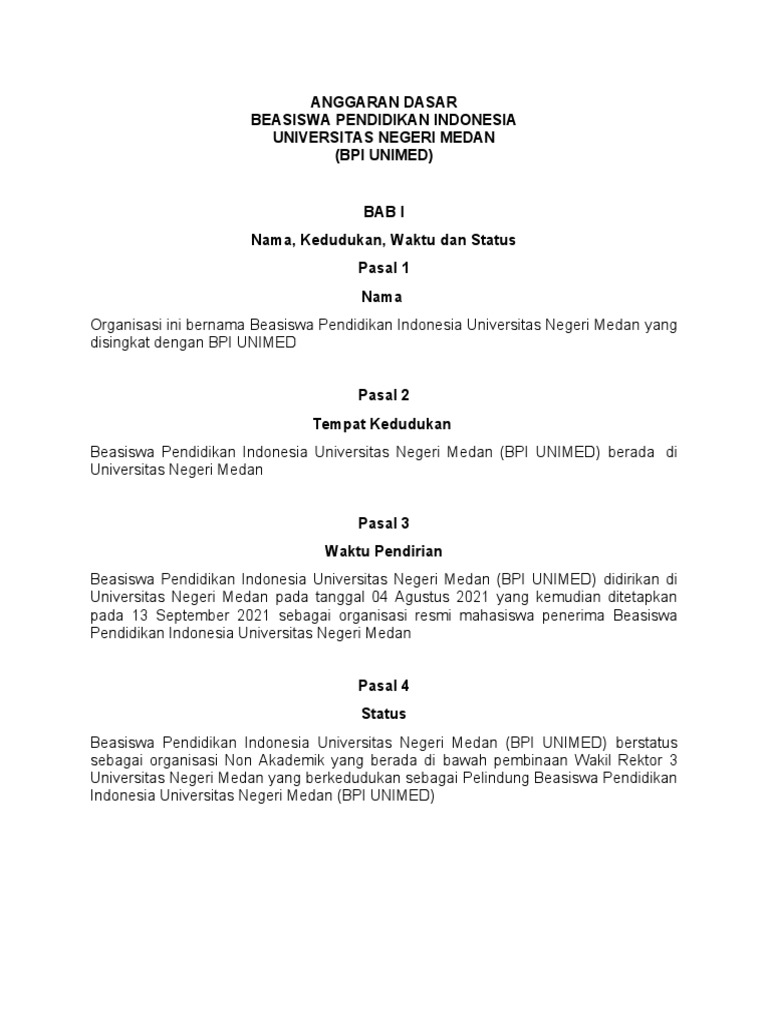 Anggaran Dasar BPI UNIMED | PDF
