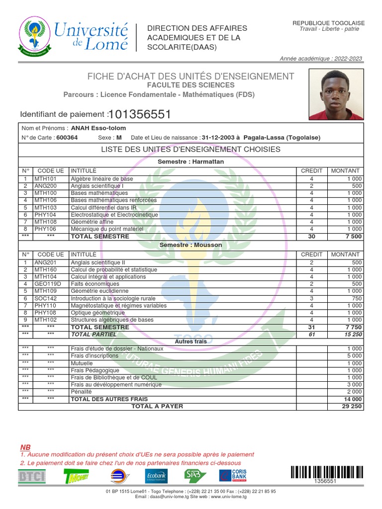 Fiche D'Achat Des Unités D'Enseignement: Identifiant de Paiement | PDF ...
