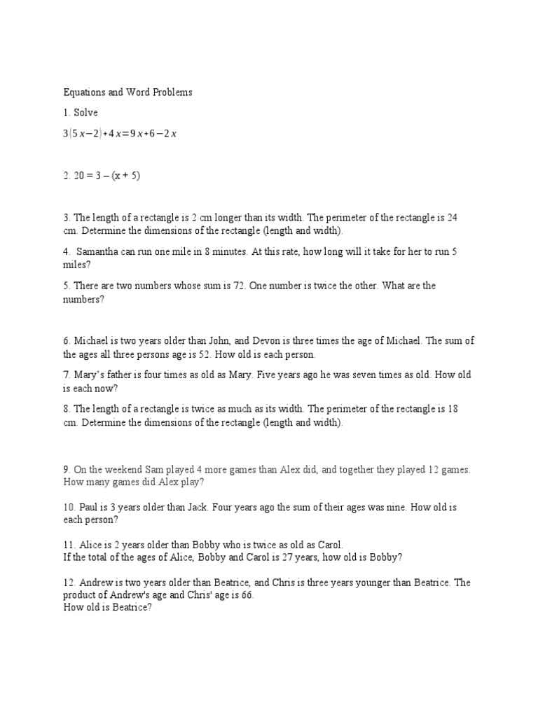 Solving Word Problems Involving Equations, Perimeters, Rates, Ages, and ...