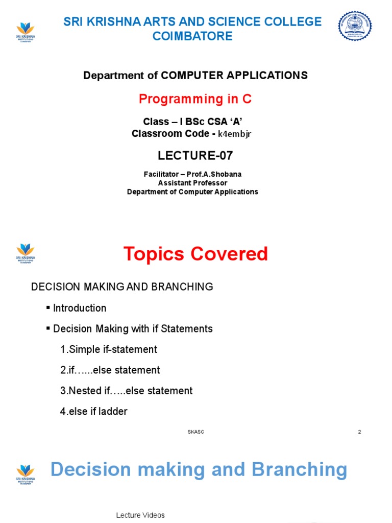 Programming in C: Sri Krishna Arts and Science College Coimbatore | PDF | Computer Engineering ...