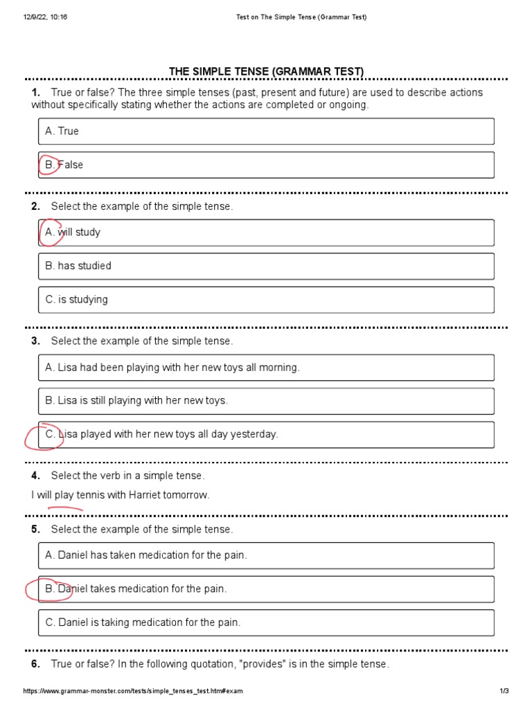 Test On The Simple Tense (Grammar Test) | PDF | Grammatical Tense | Verb