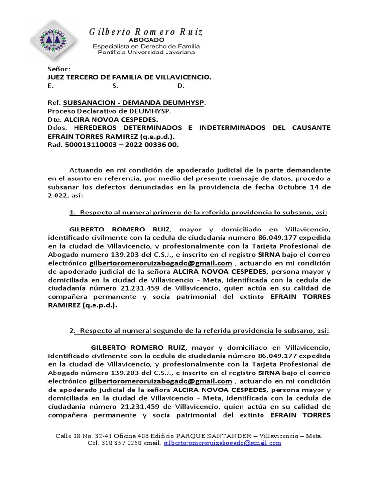 Subsanacion Demanda Alcira Novoa Cespedes Pdf Divorcio Derecho