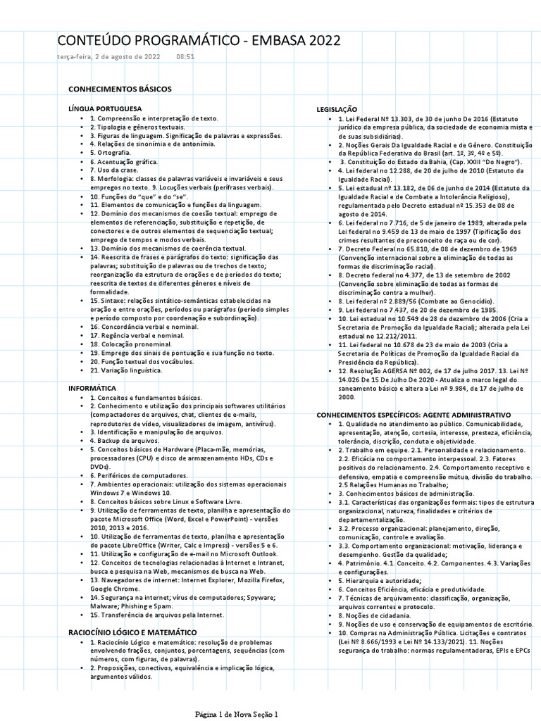 Programa de Estudo para Agente Administrativo EMBASA | PDF | Internet | Microsoft