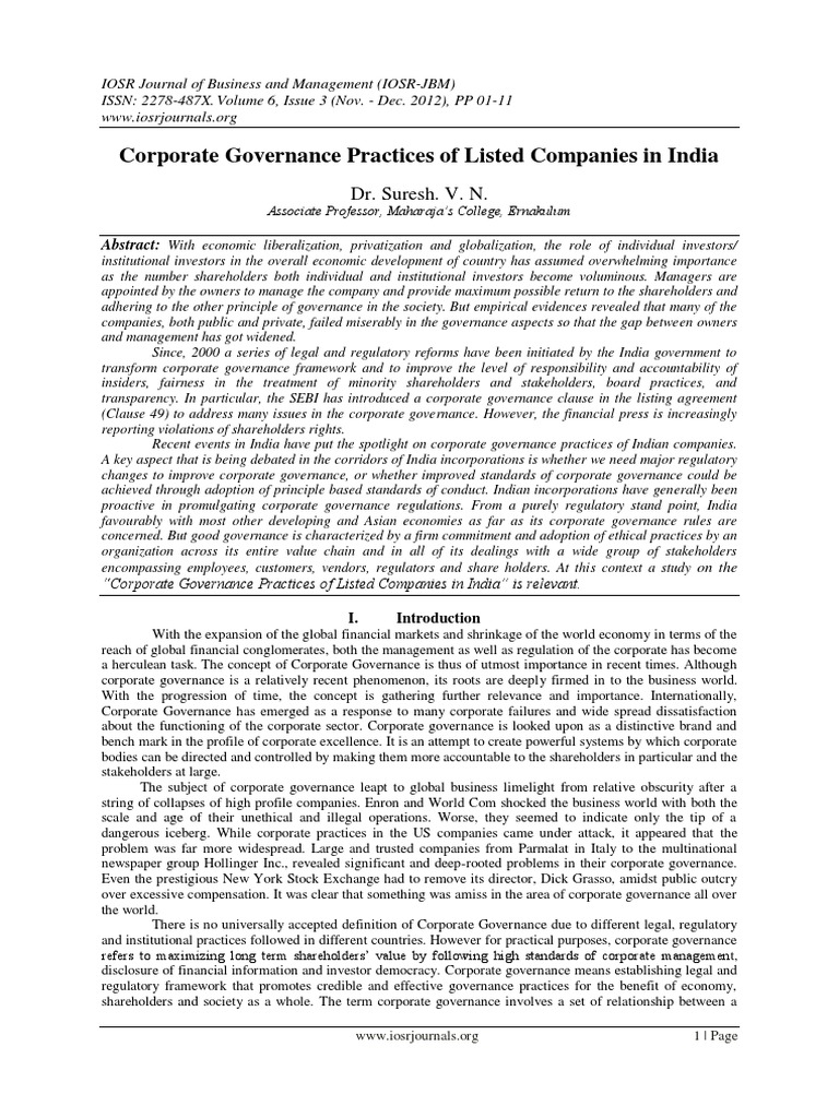 Corporate Governance Practices Of Listed Companies In India Pdf