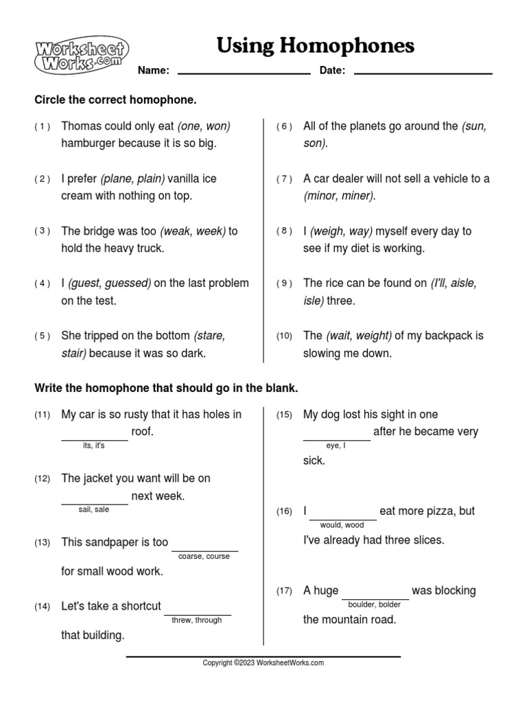 WorksheetWorks Using Homophones 1 | PDF