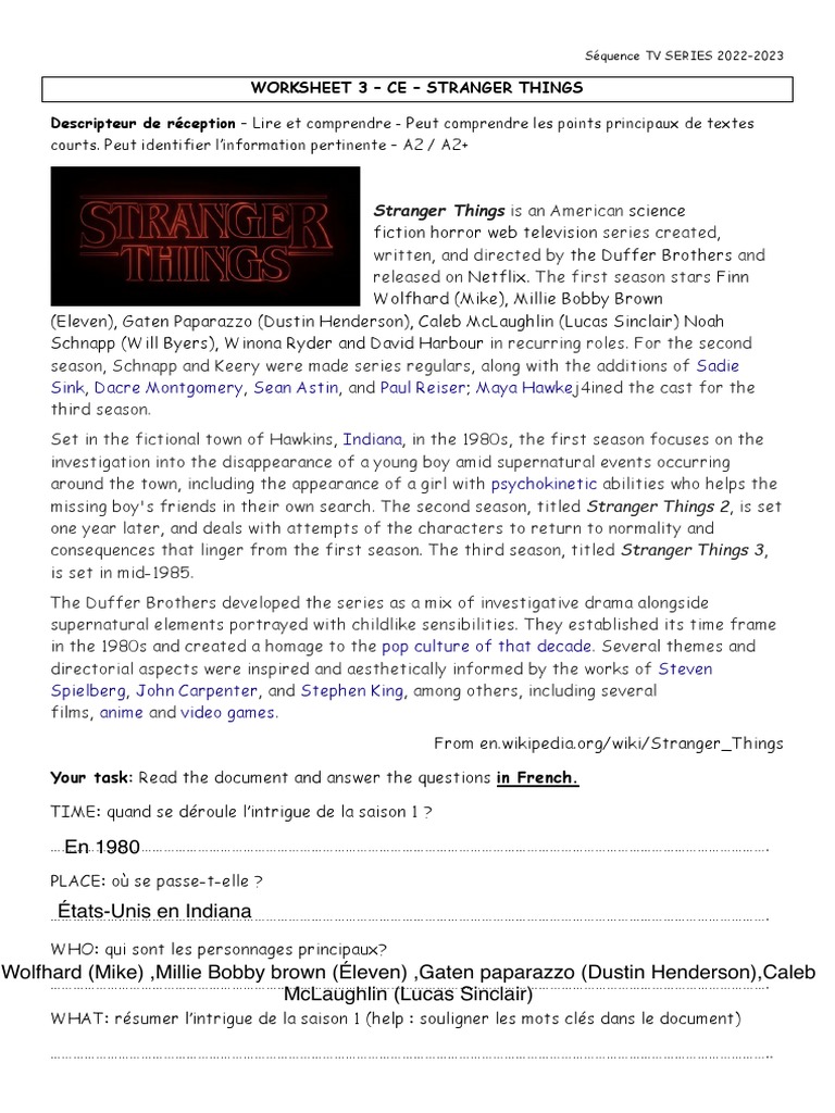 Worksheet 3 - CE Stranger Things A2 | PDF