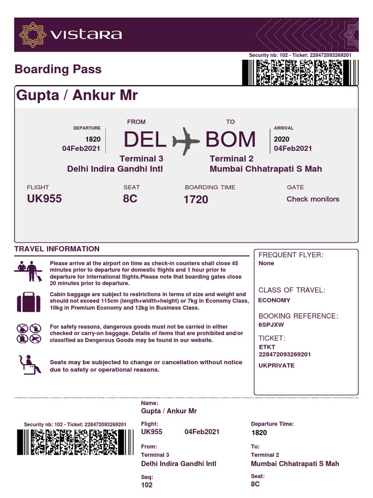 Boardingpass Del-Mum | PDF | Business Class | Baggage