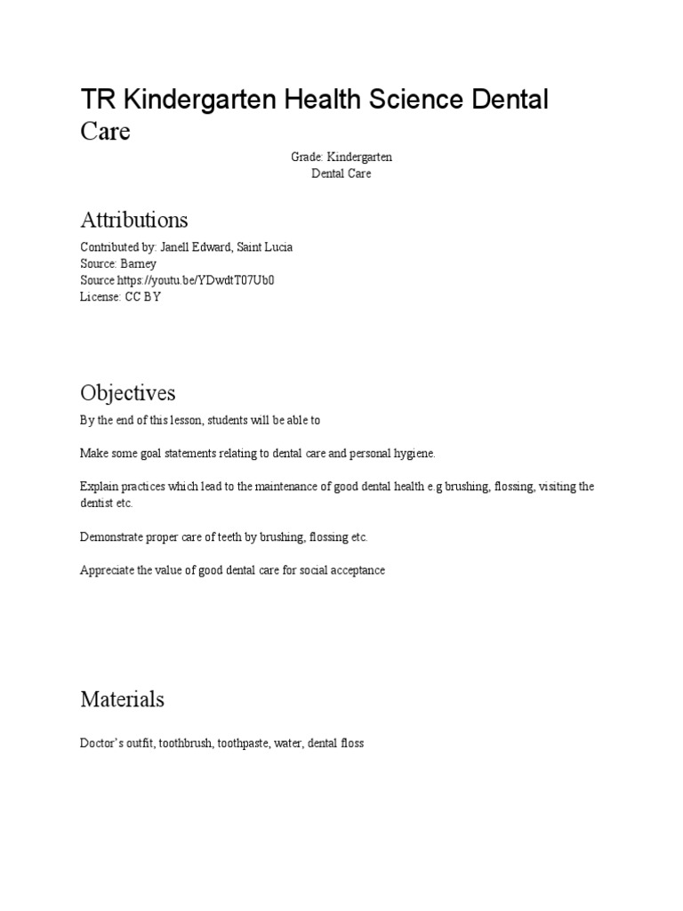 Kindergarten Health Science Dental Care | PDF | Oral Hygiene | Toothbrush
