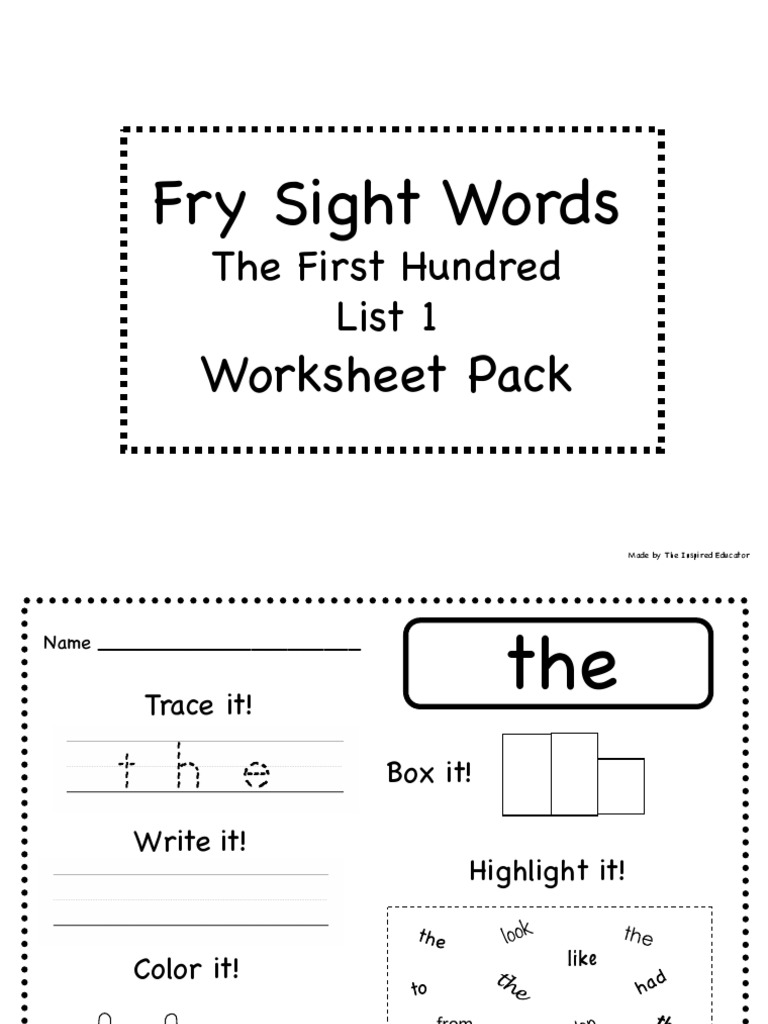 Fry Words The First Hundred List 1 Worksheet Pack | PDF