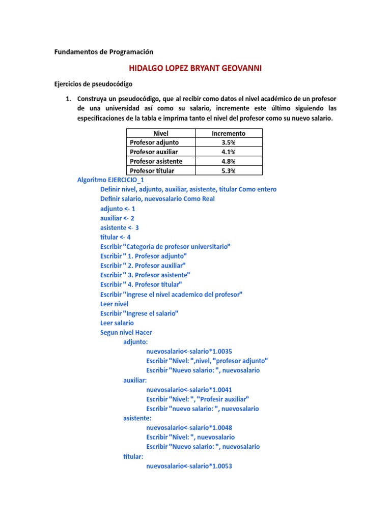 FP - Tarea de Pseudocódigo - Hidalgo - Lopez - Bryant - Geovanni | PDF ...