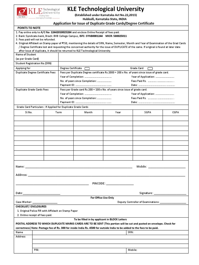 Duplicate Degree and Grade Card Application | PDF | Mail | Freight Transport