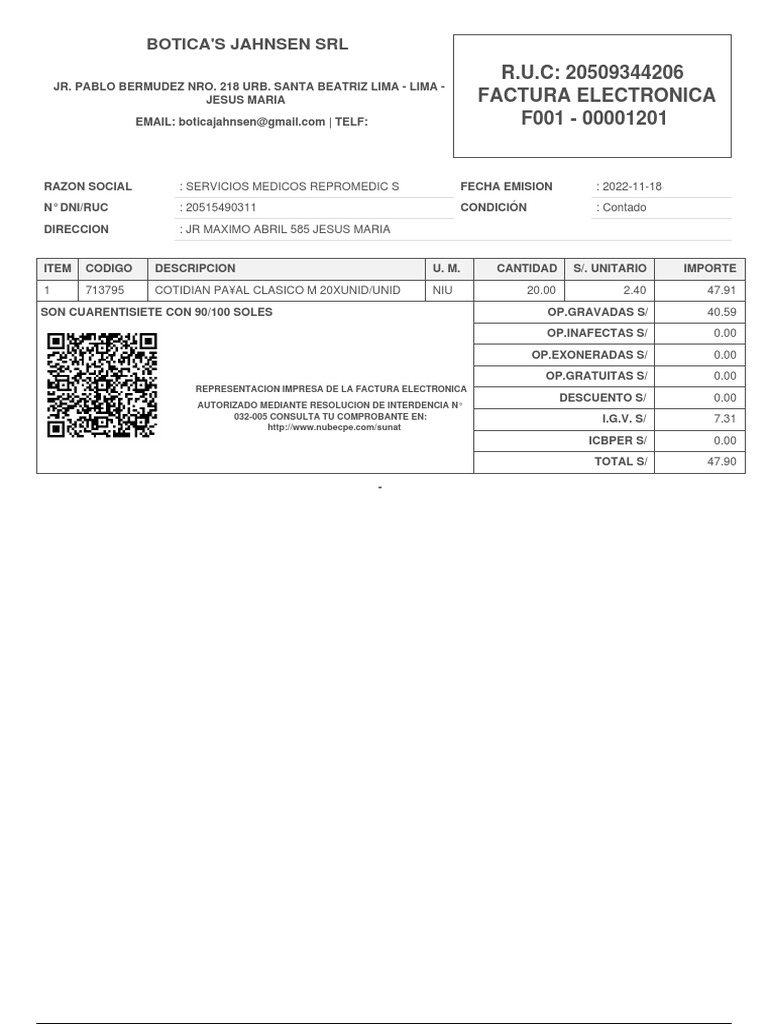 Botica'S Jahnsen SRL: R.U.C: 20509344206 Factura Electronica F001 - 00001201 | PDF | Tecnología ...