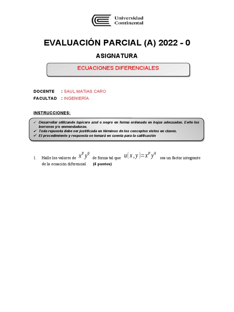 EVALUACIÓN PARCIAL A - Propuesto | PDF | Ecuaciones | Ecuaciones diferenciales