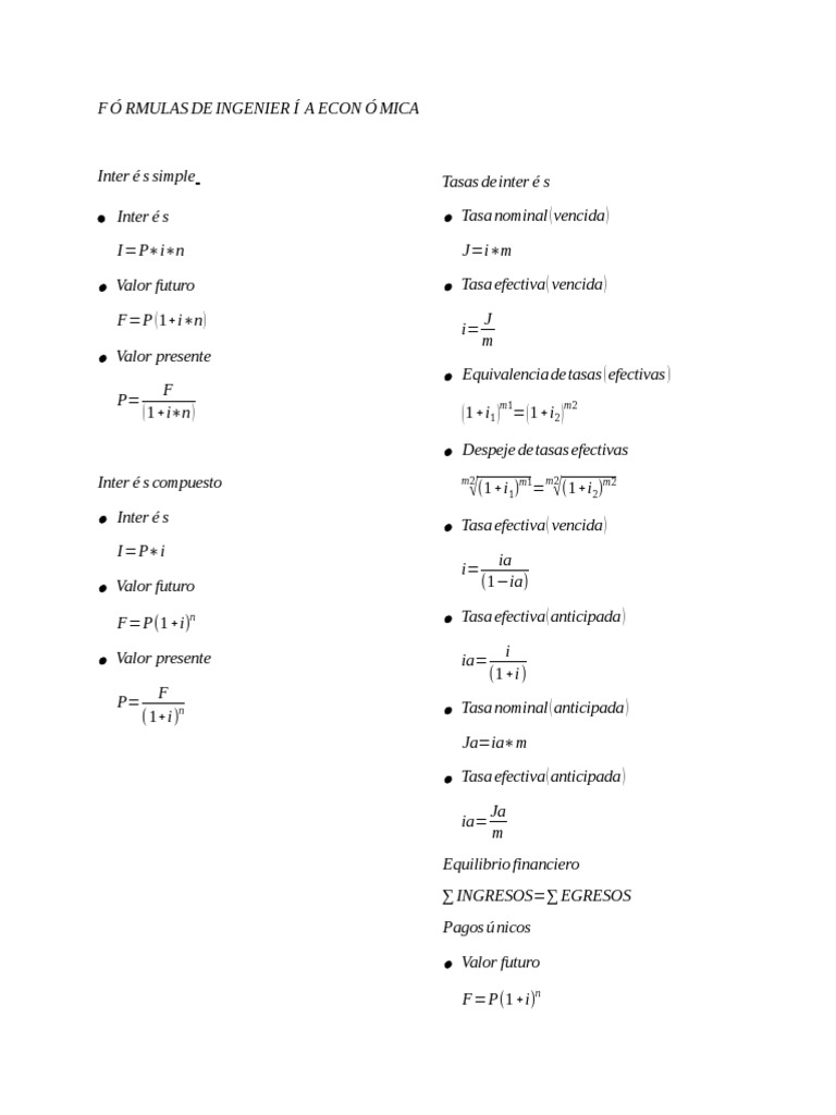 Fórmulas Ingeniería Económica | PDF