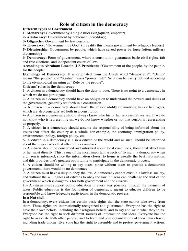1 Role of Citizen in The Democracy | PDF | Democracy | Political Ideologies