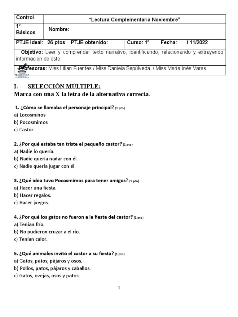 Prueba Lectura Complementaria Nadie Quiere Jugar Conmigo Pdf