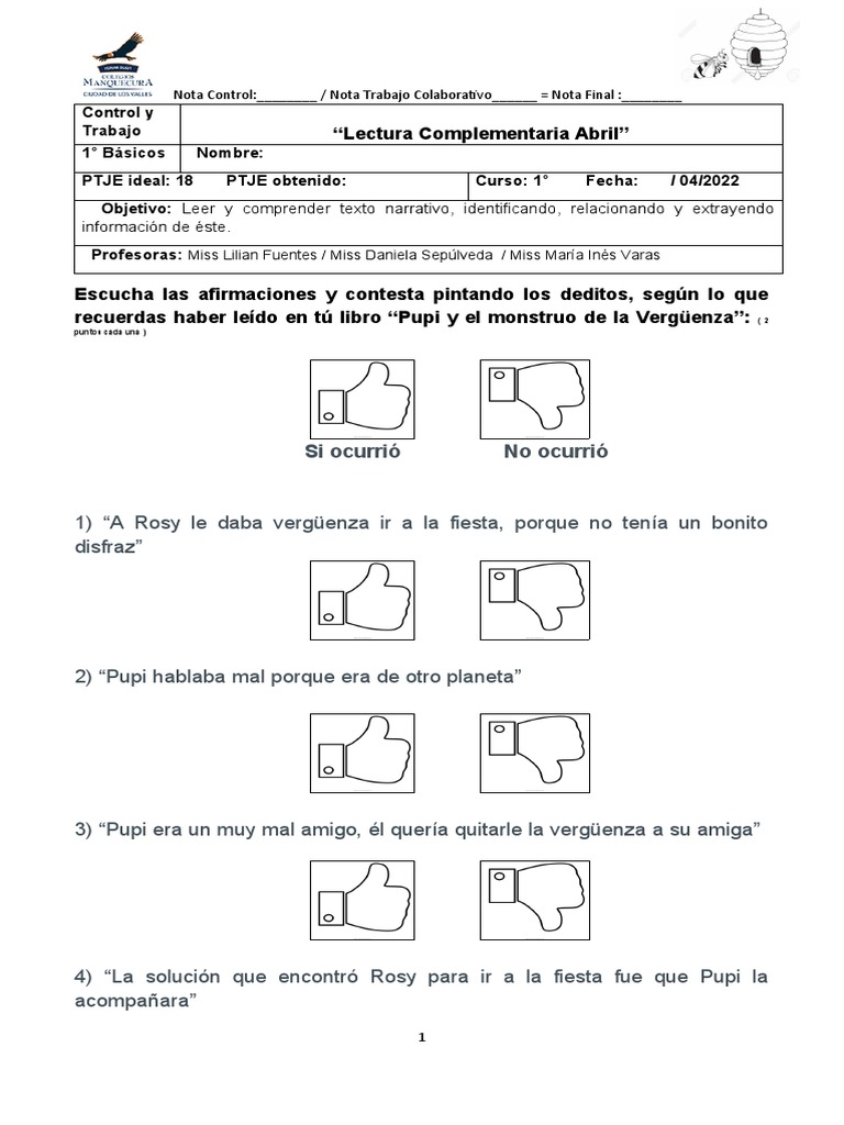 Prueba Lectura Complementaria - El Primer Día | PDF