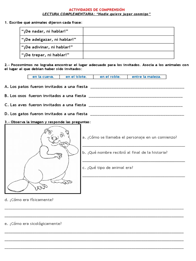 ACTIVIDADES DE COMPRENSIÓN Nadie Quiere Jugar Conmigo | PDF