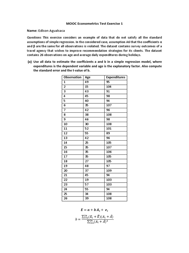 Mooc Econometrics Test Exercise 1 Pdf Errors And Residuals Regression Analysis
