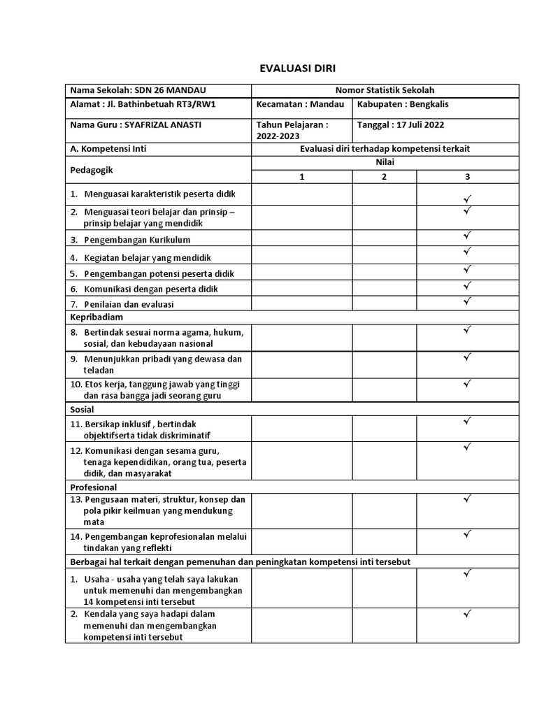 EVALUASI DIRI Guru. Butir 20 | PDF