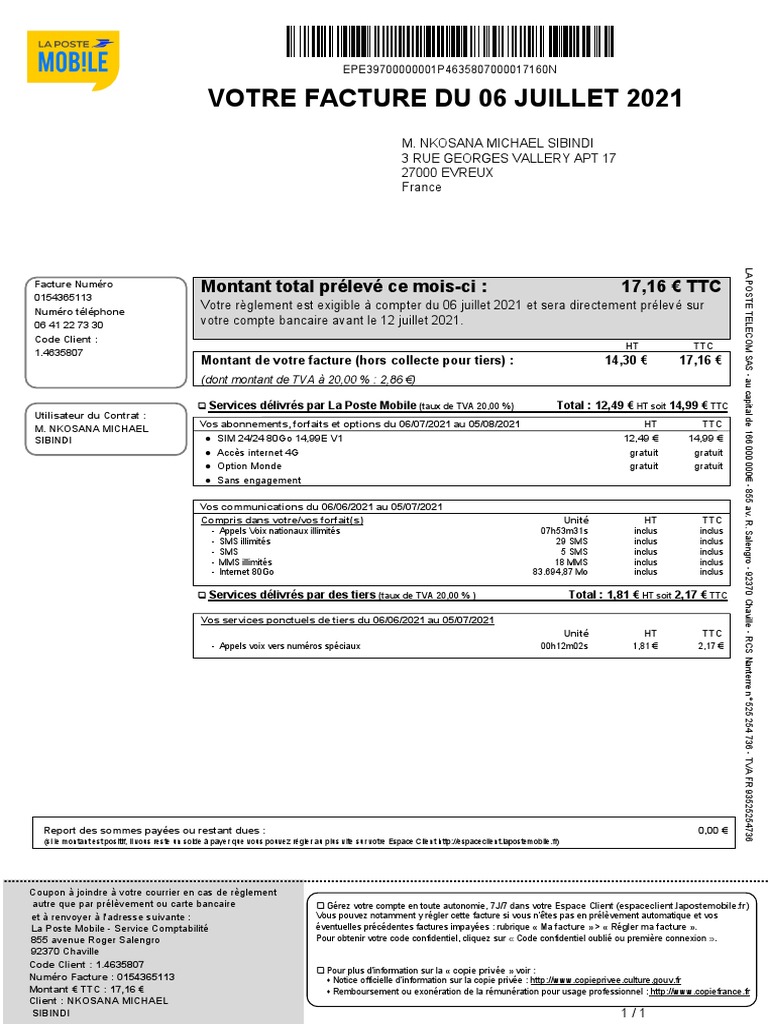 Facture électronique La Poste Mobile 07/2021 | PDF | Facture | Taxe sur ...